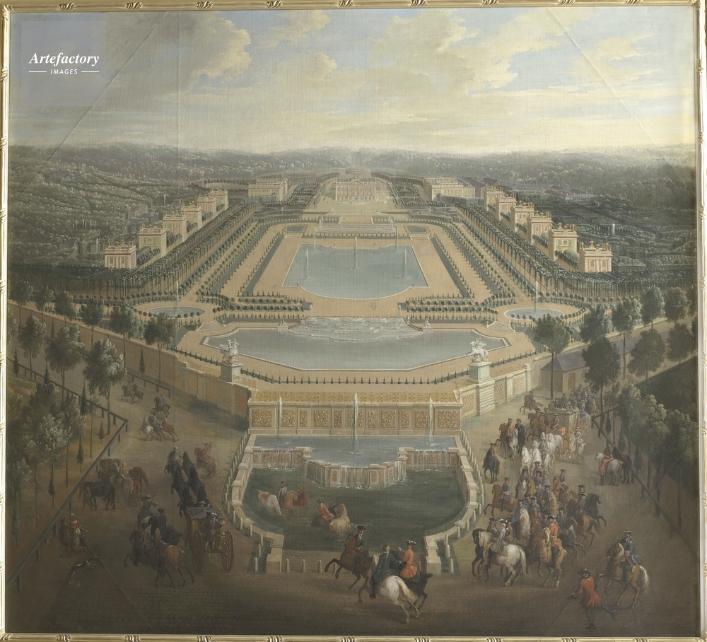 Vue generale du chateau de Marly, prise de l'abreuvoir, Louis XV en caleche