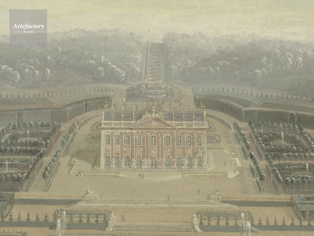 Vue generale du chateau de Marly, prise de l'abreuvoir, Louis XV en caleche